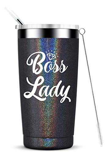 Boss Lady Mug Tumbler-Unique Christmas Birthday Gifts for Women Boss Female Mom Stainelss Steel Wine Tumbler with Staw and Lid Friend Gifts 20oz Glitter charcoal