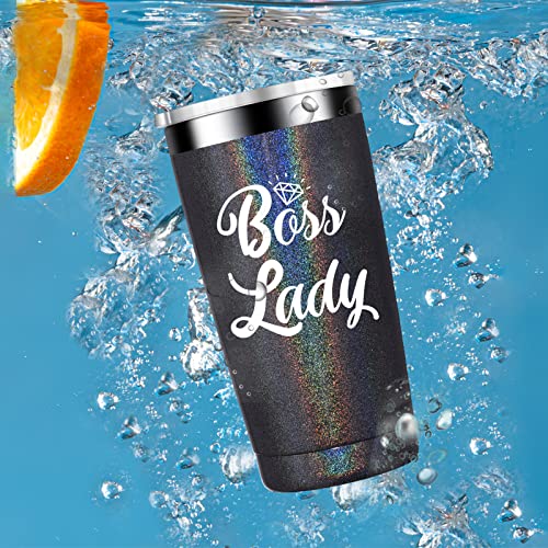 Boss Lady Mug Tumbler-Unique Christmas Birthday Gifts for Women Boss Female Mom Stainelss Steel Wine Tumbler with Staw and Lid Friend Gifts 20oz Glitter charcoal