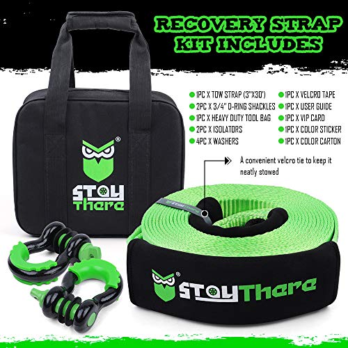 Stay There 3'' × 30ft Heavy Duty Tow Strap Recovery Kit with 35,000 lb Capacity-Emergency Towing Rope + 3/4 Heavy Duty D Ring Shackles (2pcs) + Storage Bag