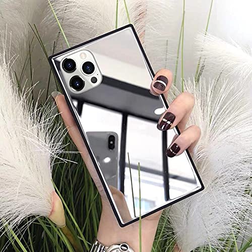 LUVI for iPhone 12 Pro Max Square Case Makeup Mirror for Women Girls Cute Luxury Glossy Glass Mirror Back Design Cover with Silicone TPU Slim Thin Case for iPhone 12 Pro Max 6.7 inch Silver