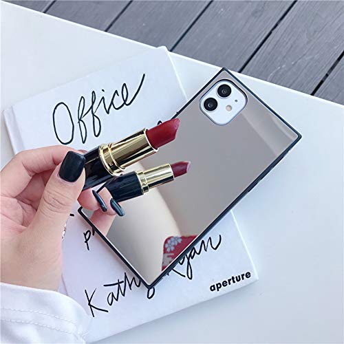 LUVI for iPhone 12 Pro Max Square Case Makeup Mirror for Women Girls Cute Luxury Glossy Glass Mirror Back Design Cover with Silicone TPU Slim Thin Case for iPhone 12 Pro Max 6.7 inch Silver