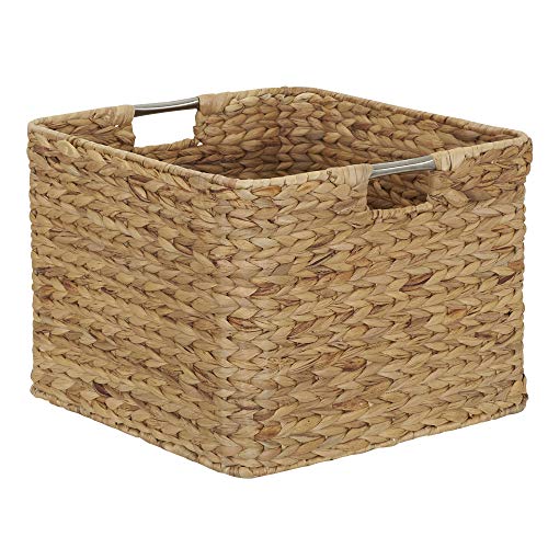 Household Essentials Woven Wicker Open Storage Basket with Stainless Steel Handle, Natural