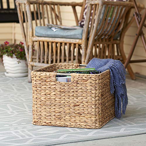 Household Essentials Woven Wicker Open Storage Basket with Stainless Steel Handle, Natural