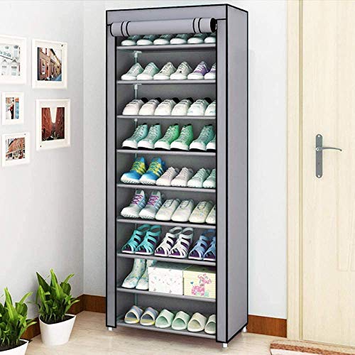 GreensTion-S 10-Tier Shoe Rack with Dustproof Cover 30 Pair Shoe Organizer Shoe Rack Tower Zippered Storage Shoe Cabinet Ideal for Hallway Corridor [3-6 delivery Days] (Gray)