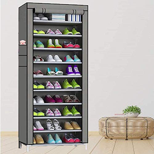 GreensTion-S 10-Tier Shoe Rack with Dustproof Cover 30 Pair Shoe Organizer Shoe Rack Tower Zippered Storage Shoe Cabinet Ideal for Hallway Corridor [3-6 delivery Days] (Gray)