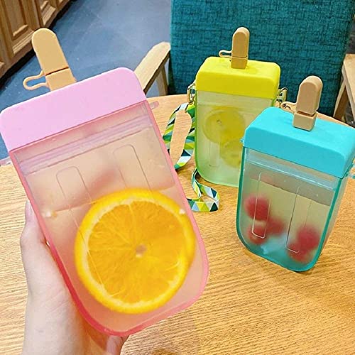 YunQin 300ml Cute Straw Cup New Plastic Popsicle Shape Water Bottle BPA Free Transparent Juice Drinking Cup Suitable for Adult Girls (Pink)