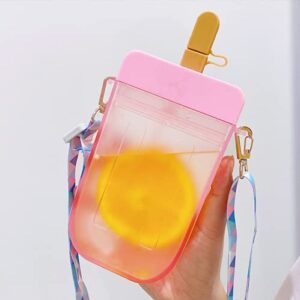 YunQin 300ml Cute Straw Cup New Plastic Popsicle Shape Water Bottle BPA Free Transparent Juice Drinking Cup Suitable for Adult Girls (Pink)