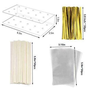 Yookat 2 Pack Acrylic Lollipop Holder Acrylic Cake Pop Stand 50PCS Clear Treats Bags 50PCS Lollipop Sticks and 50PCS Gold Metallic Twist Ties for Candy Cake Pop Sticks Making Tools