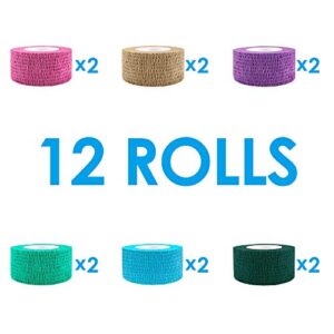 SlowTon Pet Self Adhesive Bandage, 12 Rolls Pet Vet Wrap Tape Non-Woven Cohesive Gauze Rolls for Dog Cat Animals Sport Tape for Wrist Healing Ankle Sprain & Swelling, 1” x 5 Yards Each After Stretched