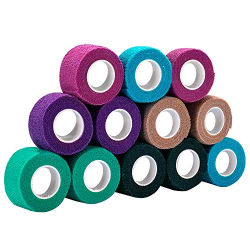 SlowTon Pet Self Adhesive Bandage, 12 Rolls Pet Vet Wrap Tape Non-Woven Cohesive Gauze Rolls for Dog Cat Animals Sport Tape for Wrist Healing Ankle Sprain & Swelling, 1” x 5 Yards Each After Stretched