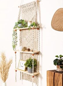 induslyfe macrame wall hanging shelf tier 3 boho hanging wall decor boho shelf wall decor plant rack shelf, boho bookshelf wall white hanging shelf woven rope for boho bathroom decor bedroom bookshelf