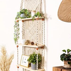 Induslyfe Macrame Wall Hanging Shelf Tier 3 Boho Hanging Wall Decor Boho Shelf Wall Decor Plant Rack Shelf, Boho Bookshelf Wall White Hanging Shelf Woven Rope for Boho Bathroom decor Bedroom Bookshelf