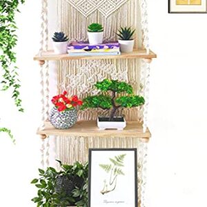 Induslyfe Macrame Wall Hanging Shelf Tier 3 Boho Hanging Wall Decor Boho Shelf Wall Decor Plant Rack Shelf, Boho Bookshelf Wall White Hanging Shelf Woven Rope for Boho Bathroom decor Bedroom Bookshelf