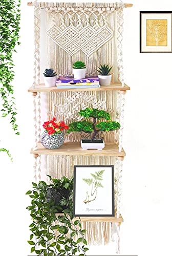 Induslyfe Macrame Wall Hanging Shelf Tier 3 Boho Hanging Wall Decor Boho Shelf Wall Decor Plant Rack Shelf, Boho Bookshelf Wall White Hanging Shelf Woven Rope for Boho Bathroom decor Bedroom Bookshelf