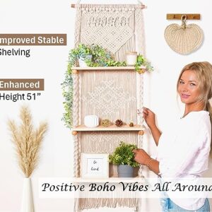 Induslyfe Macrame Wall Hanging Shelf Tier 3 Boho Hanging Wall Decor Boho Shelf Wall Decor Plant Rack Shelf, Boho Bookshelf Wall White Hanging Shelf Woven Rope for Boho Bathroom decor Bedroom Bookshelf