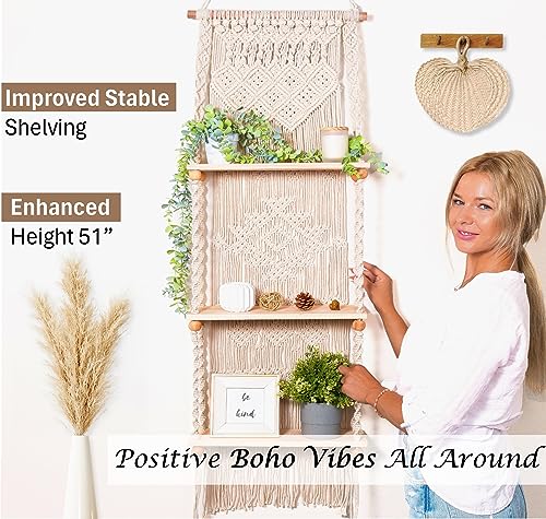 Induslyfe Macrame Wall Hanging Shelf Tier 3 Boho Hanging Wall Decor Boho Shelf Wall Decor Plant Rack Shelf, Boho Bookshelf Wall White Hanging Shelf Woven Rope for Boho Bathroom decor Bedroom Bookshelf