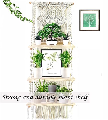 Induslyfe Macrame Wall Hanging Shelf Tier 3 Boho Hanging Wall Decor Boho Shelf Wall Decor Plant Rack Shelf, Boho Bookshelf Wall White Hanging Shelf Woven Rope for Boho Bathroom decor Bedroom Bookshelf