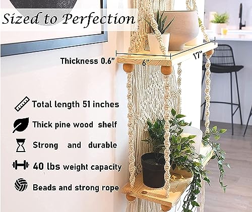 Induslyfe Macrame Wall Hanging Shelf Tier 3 Boho Hanging Wall Decor Boho Shelf Wall Decor Plant Rack Shelf, Boho Bookshelf Wall White Hanging Shelf Woven Rope for Boho Bathroom decor Bedroom Bookshelf