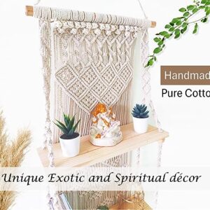 Induslyfe Macrame Wall Hanging Shelf Tier 3 Boho Hanging Wall Decor Boho Shelf Wall Decor Plant Rack Shelf, Boho Bookshelf Wall White Hanging Shelf Woven Rope for Boho Bathroom decor Bedroom Bookshelf