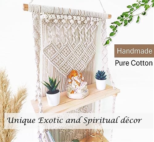 Induslyfe Macrame Wall Hanging Shelf Tier 3 Boho Hanging Wall Decor Boho Shelf Wall Decor Plant Rack Shelf, Boho Bookshelf Wall White Hanging Shelf Woven Rope for Boho Bathroom decor Bedroom Bookshelf