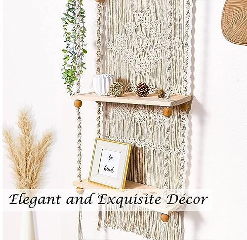 Induslyfe Macrame Wall Hanging Shelf Tier 3 Boho Hanging Wall Decor Boho Shelf Wall Decor Plant Rack Shelf, Boho Bookshelf Wall White Hanging Shelf Woven Rope for Boho Bathroom decor Bedroom Bookshelf