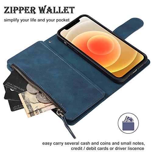 RANYOK Wallet Case Compatible with iPhone 12/12 Pro (6.1 inch), Premium PU Leather Zipper Flip Folio Wallet RFID Blocking with Wrist Strap Magnetic Closure Built-in Kickstand Protective Case - Blue