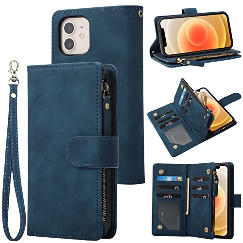 RANYOK Wallet Case Compatible with iPhone 12/12 Pro (6.1 inch), Premium PU Leather Zipper Flip Folio Wallet RFID Blocking with Wrist Strap Magnetic Closure Built-in Kickstand Protective Case - Blue