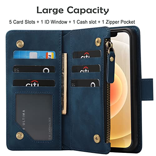 RANYOK Wallet Case Compatible with iPhone 12/12 Pro (6.1 inch), Premium PU Leather Zipper Flip Folio Wallet RFID Blocking with Wrist Strap Magnetic Closure Built-in Kickstand Protective Case - Blue