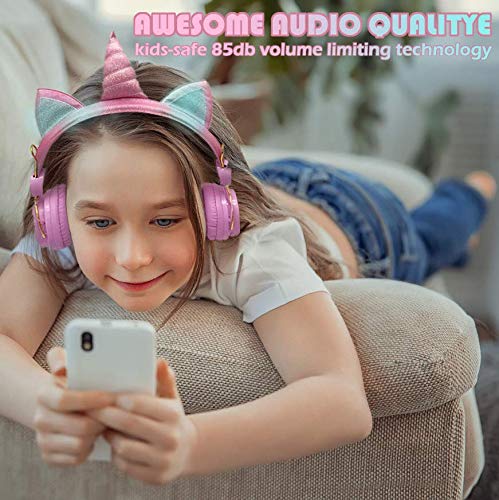 Unicorn Wireless Headphones for Kids,Cat Ear Bluetooth 5.0 Over Ear Headphones with Microphone for Cellphone/iPad/Laptop/PC/TV/PS4/Xbox One, Foldable Gaming Headset for Girls Teens Gift (pink)