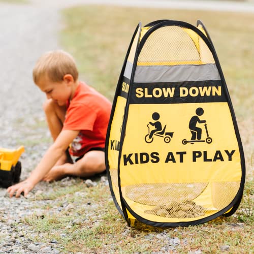 Slow Down Kids at Play Signs for Street | 2 Pack slow down signs for neighborhoods | Easily Weighted, 4-Sided Polyester Caution Playing Signs | Children At Play Safety Signs For Street | Street Signs