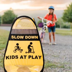 Slow Down Kids at Play Signs for Street | 2 Pack slow down signs for neighborhoods | Easily Weighted, 4-Sided Polyester Caution Playing Signs | Children At Play Safety Signs For Street | Street Signs