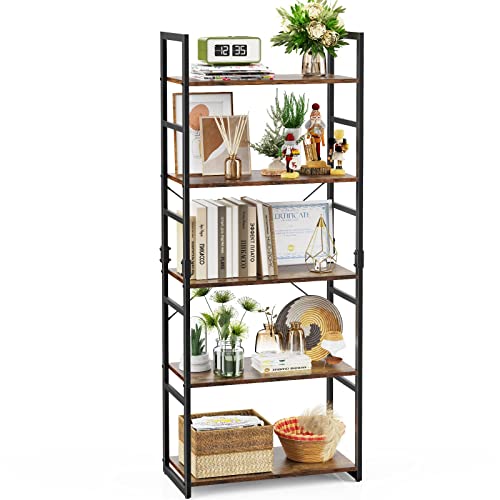 FURNINXS Bookshelf, 5 Tier Bookcase Tall, Storage Ladder Shelf, Standing Shelf for Book/Living Room/Office, Rustic Brown