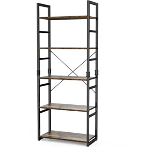 FURNINXS Bookshelf, 5 Tier Bookcase Tall, Storage Ladder Shelf, Standing Shelf for Book/Living Room/Office, Rustic Brown