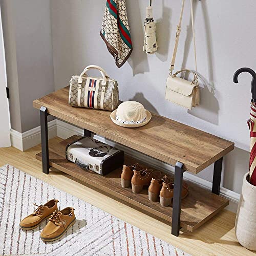 FOLUBAN Entryway Bench, Industrial Shoe Bench for Living Room, Rustic Indoor Shoe Storage Bench Seat, Easy Assembly, Oak 47 inch