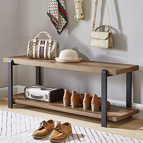 FOLUBAN Entryway Bench, Industrial Shoe Bench for Living Room, Rustic Indoor Shoe Storage Bench Seat, Easy Assembly, Oak 47 inch