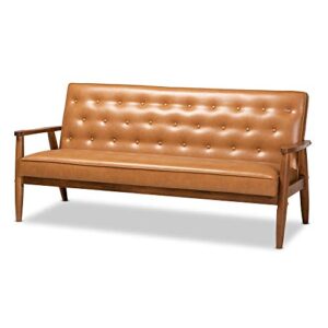 baxton studio sorrento sofas, tan/walnut brown