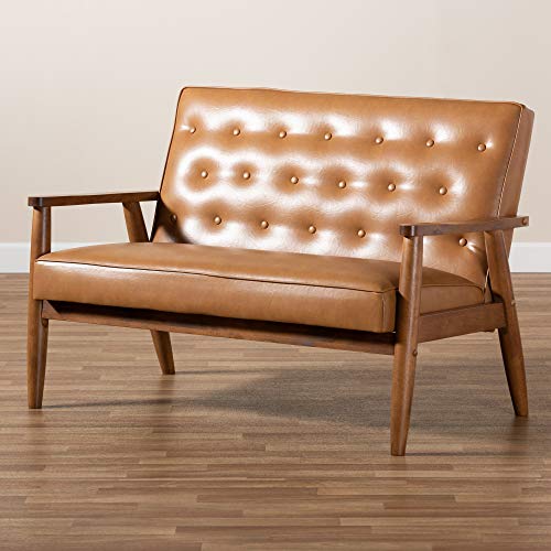 Baxton Studio Sorrento Loveseats, Tan/Walnut Brown