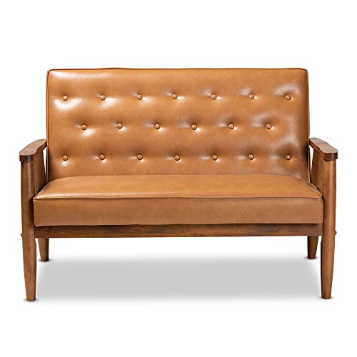 Baxton Studio Sorrento Loveseats, Tan/Walnut Brown