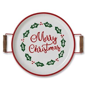 16.3-inch rustic metal merry christmas holly and berry decorative serving tray with wooden handles – holiday serveware – christmas party platter tableware