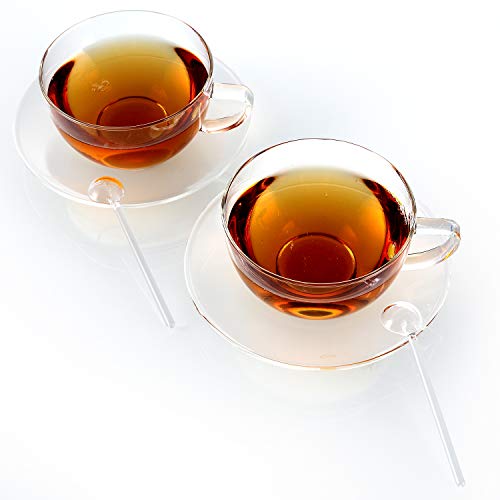 Teabloom Kyoto Teacup and Saucer Set 2-Pack – Standard Teacup Size – 6 OZ/ 180 ML Capacity – Crystal Clear Design –– Premium Borosilicate Glass – Heat Resistant, Microwave Safe