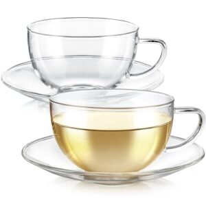 teabloom kyoto teacup and saucer set 2-pack – large size – 12 oz/ 350 ml capacity – crystal clear design –– premium borosilicate glass – heat resistant, microwave safe – glass mug set