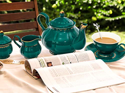 CHENP.HMC Tea Set 22-Piece Porcelain Ceramic Coffee Tea Gift Sets Cups Saucer Service for 6 Teapot Sugar Bowl Creamer Pitcher and Teaspoons Porcelain Tea Set for Mother's Day(WITHOUT Mug Hooks)