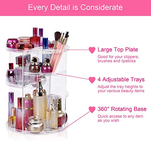 Easyhouse 360° Rotating Makeup Organizer, Adjustable Multi-Function Cosmetic Storage Organizer, Large Capacity Jewelry Perfumes Display Stand Box (Clear)