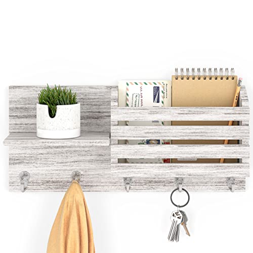 Ballucci Wall Mount Key Holder and Mail Sorter Organizer, Wooden Rustic Floating Shelf Coat Rack with 5 Metal Hooks, for Entryway, Living Room, Mudroom, Kitchen - Rustic White