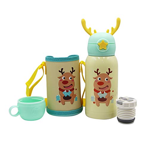 Thermos Water Bottle for Kids, 18/10 Stainless Steel Insulated Flask Bottles with Straw. 2 Lids, Pouch, Reindeer, 17 OZ