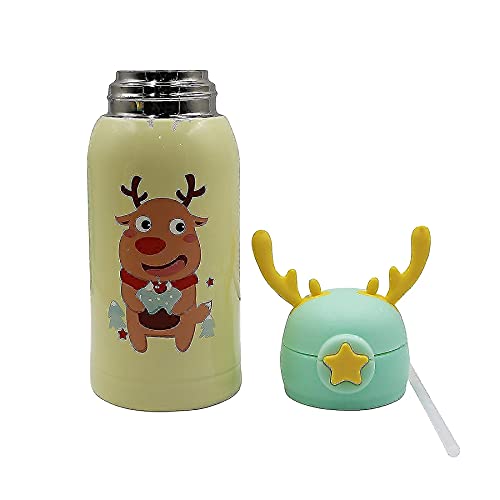 Thermos Water Bottle for Kids, 18/10 Stainless Steel Insulated Flask Bottles with Straw. 2 Lids, Pouch, Reindeer, 17 OZ