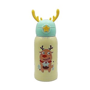 Thermos Water Bottle for Kids, 18/10 Stainless Steel Insulated Flask Bottles with Straw. 2 Lids, Pouch, Reindeer, 17 OZ