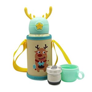 Thermos Water Bottle for Kids, 18/10 Stainless Steel Insulated Flask Bottles with Straw. 2 Lids, Pouch, Reindeer, 17 OZ