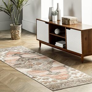 nuloom gracie distressed medallion machine washable runner rug, 2' 6" x 8', peach