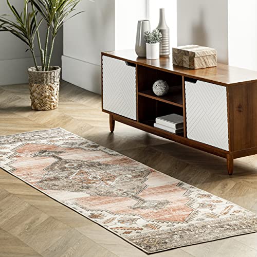 nuLOOM Gracie Distressed Medallion Machine Washable Runner Rug, 2' 6" x 8', Peach